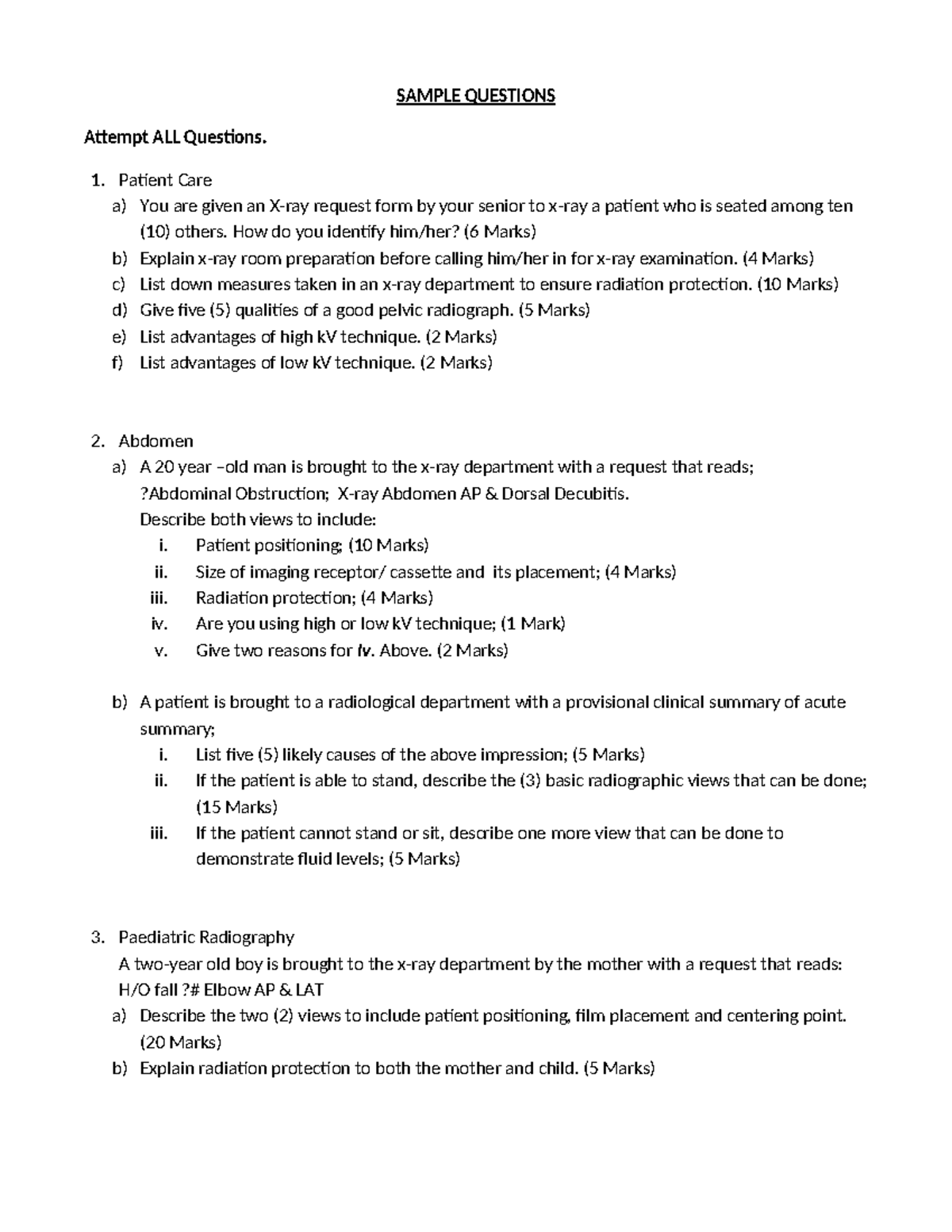 ITM 1 Sem 2 Sample Questions for Patient Care & Radiography - Studocu
