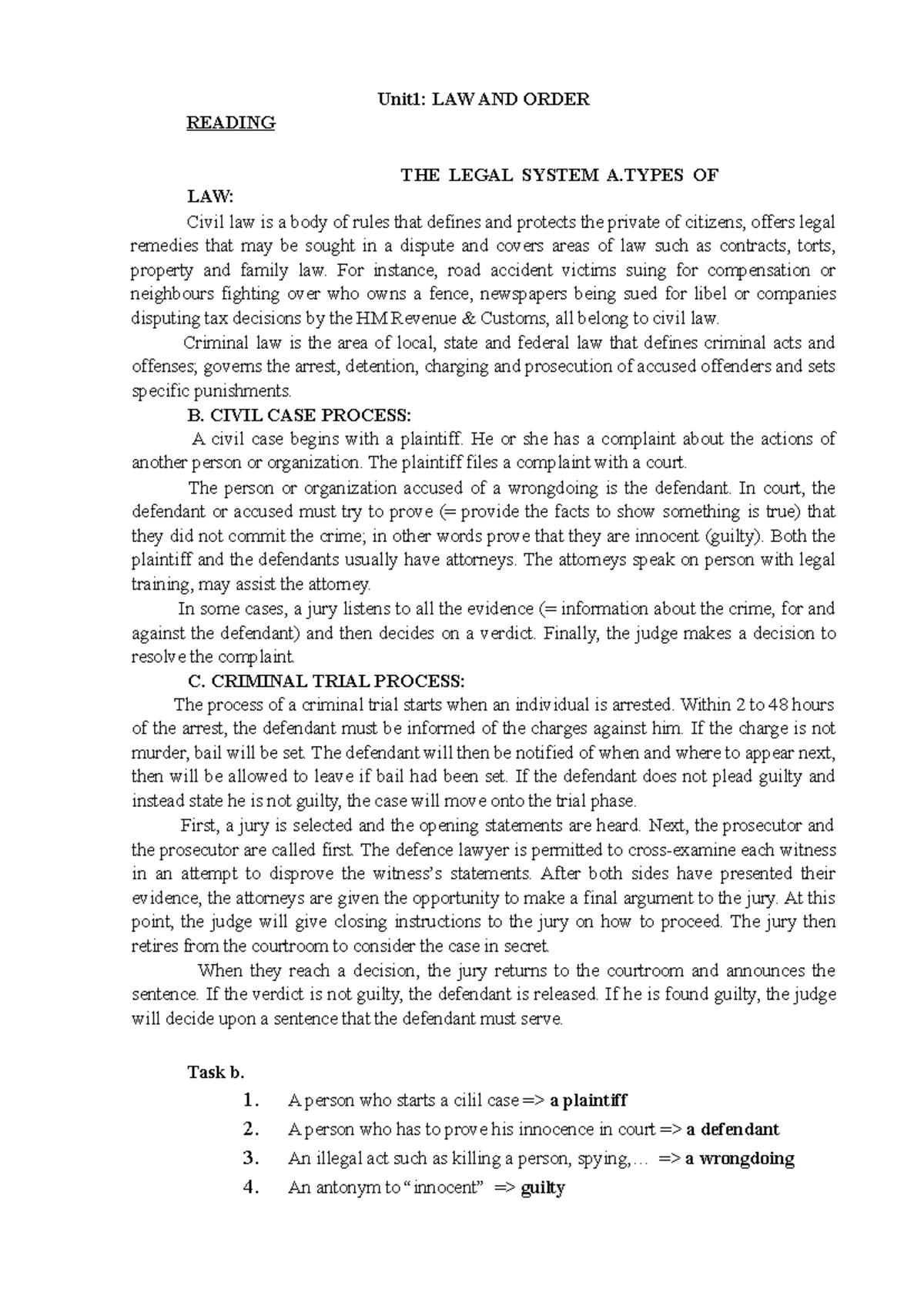 Unit 1-12: Law and Order - Understanding the Legal System - Studocu
