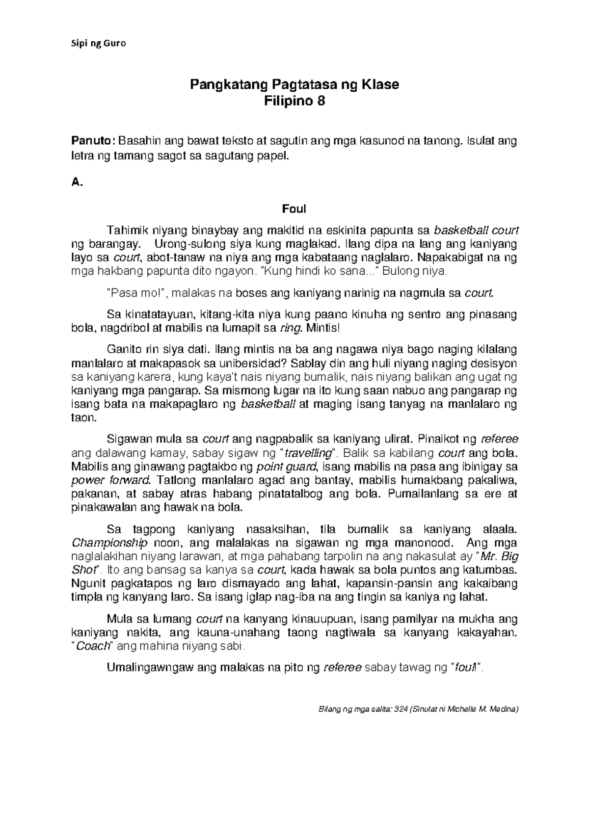 Filipino 8: Sipi ng Guro sa Pangkatang Pagtatasa at mga Katanungan - Studocu