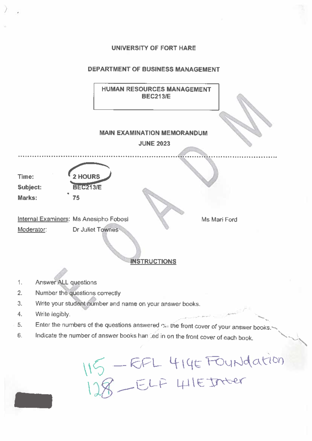 BEC 213 Human Resources Management Main Exam Memo - June 2023 - Studocu