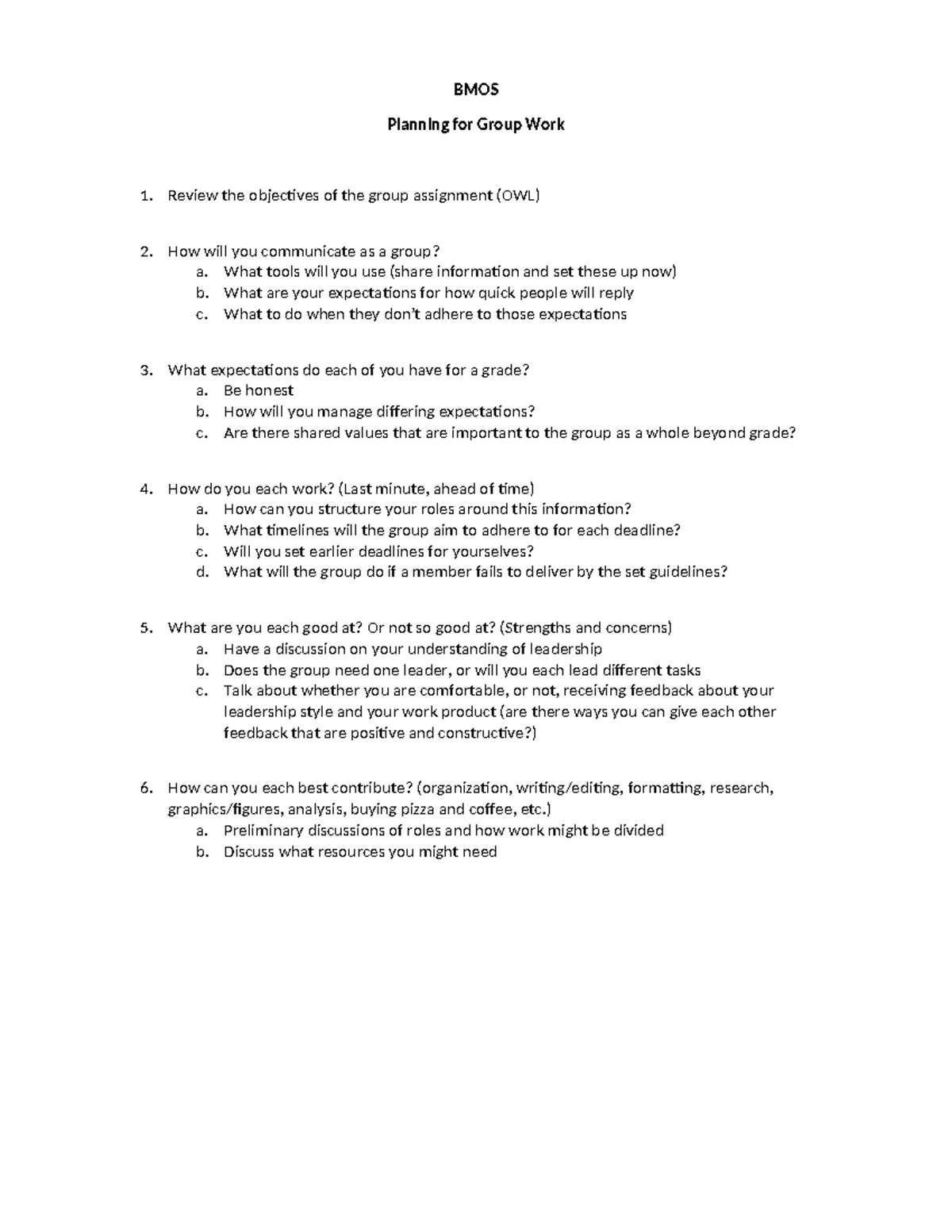 BMOS Group Work Planning: Objectives, Roles, and Expectations - Studocu