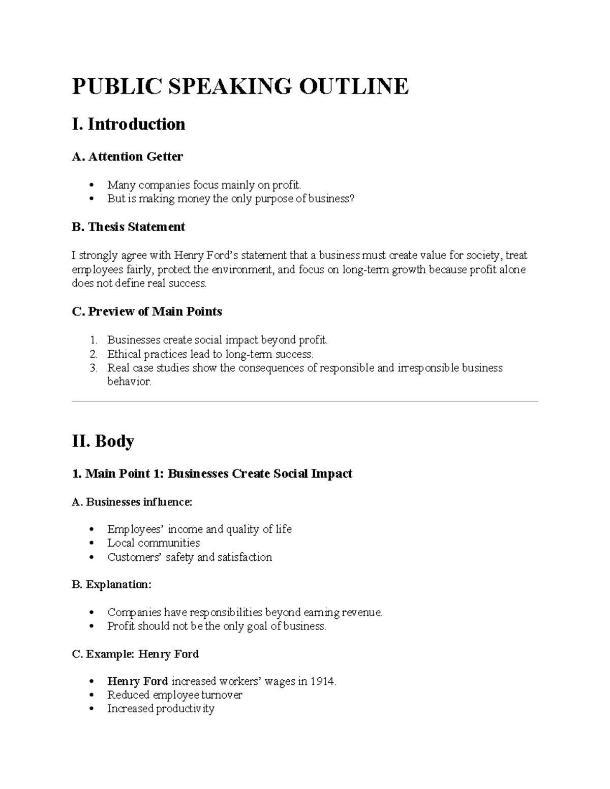 PUBLIC SPEAKING OUTLINE: Ethics in Business Success - Studocu