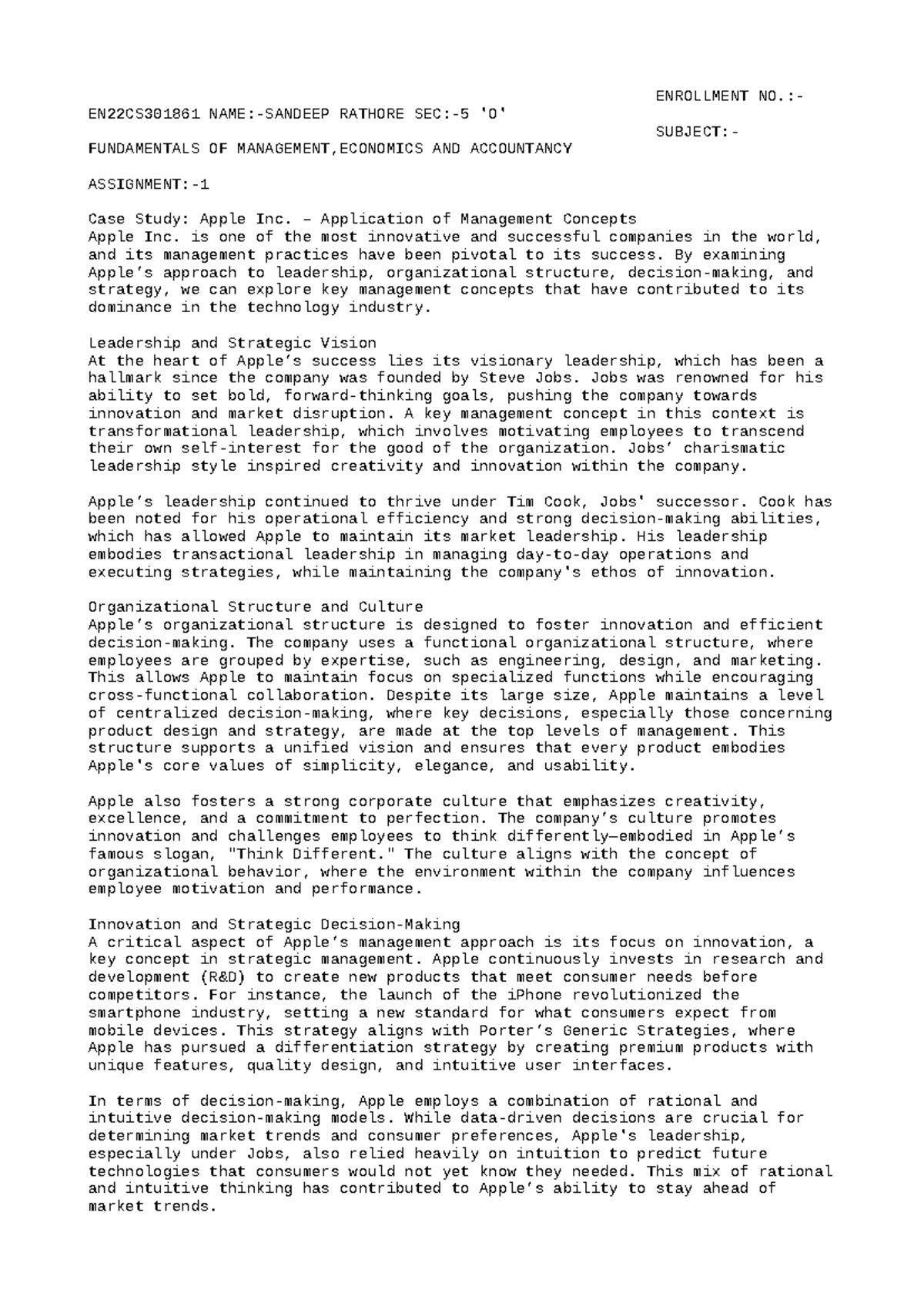 EN22CS301861: Case Study on Apple Inc.'s Management Concepts - Studocu