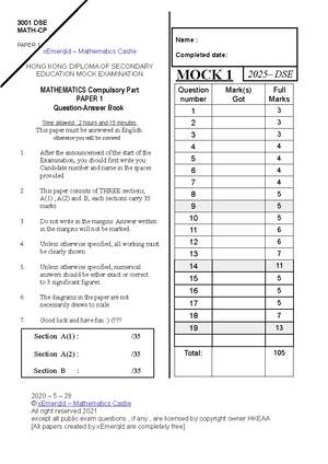 DSE Mathematics Mock Exam Paper 1 (3000) - Sample Questions ...