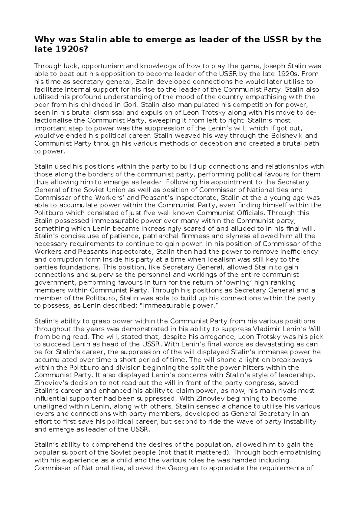 USSR Leadership: Stalin’s Rise by the Late 1920s - Practice Essay #1 ...