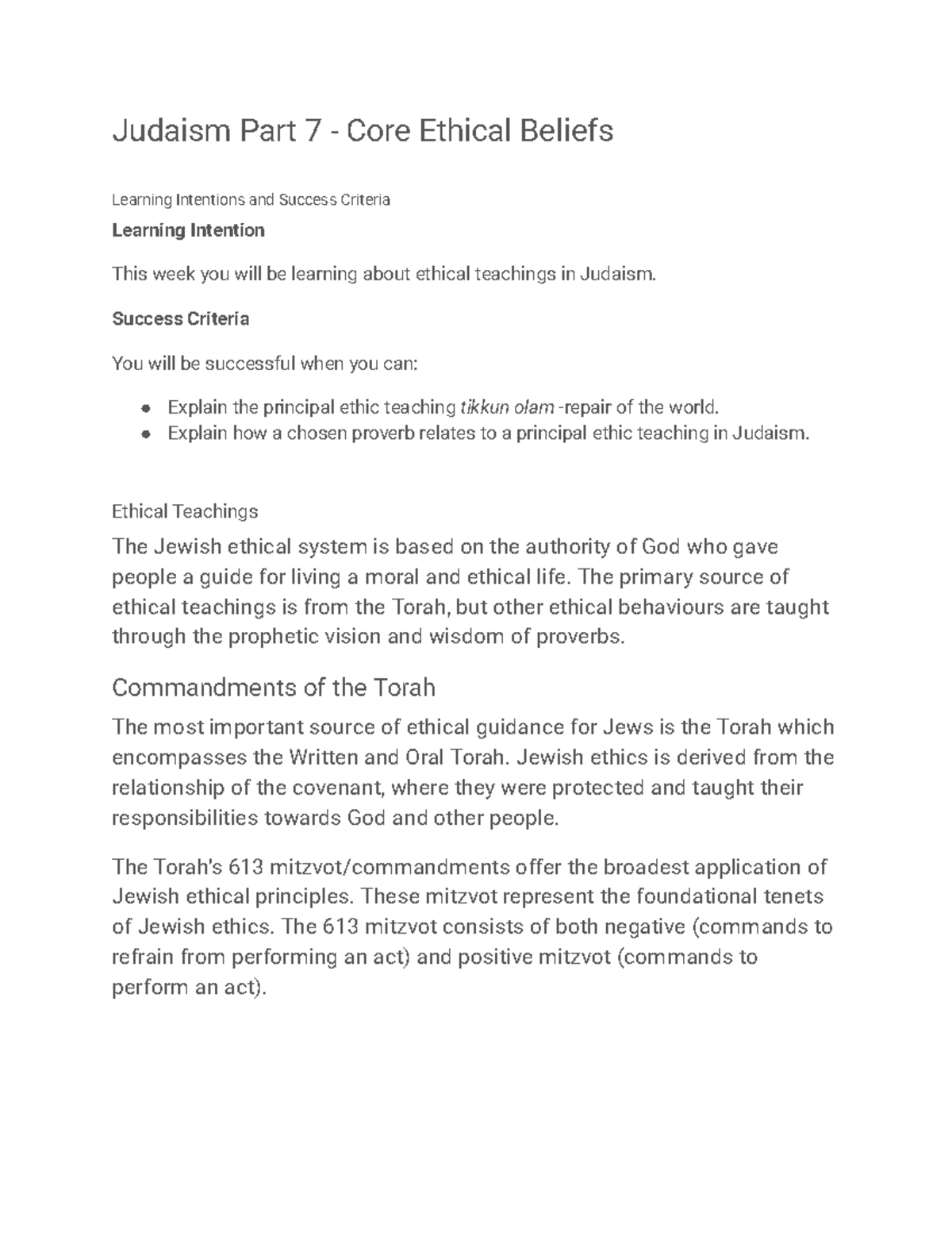 Judaism Part 7: Core Ethical Beliefs & Tikkun Olam Insights - Studocu