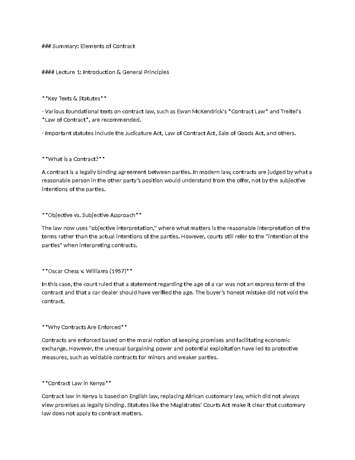 Summary Contracts 1-10 - Summary: Elements of Contract Lecture 1 ...