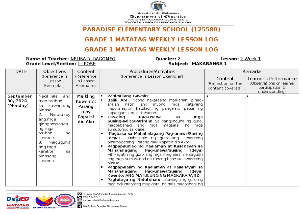 Makabansa 1 - Grade 1 Matatag Weekly Lesson Log (Q2, Week 1) - Studocu