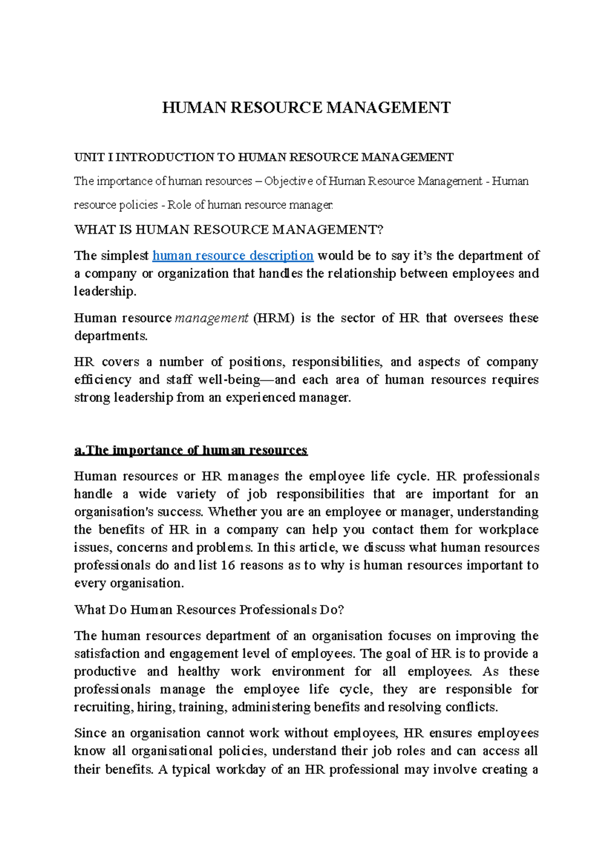 HRM UNIT-I - This is very useful - HUMAN RESOURCE MANAGEMENT UNIT I ...