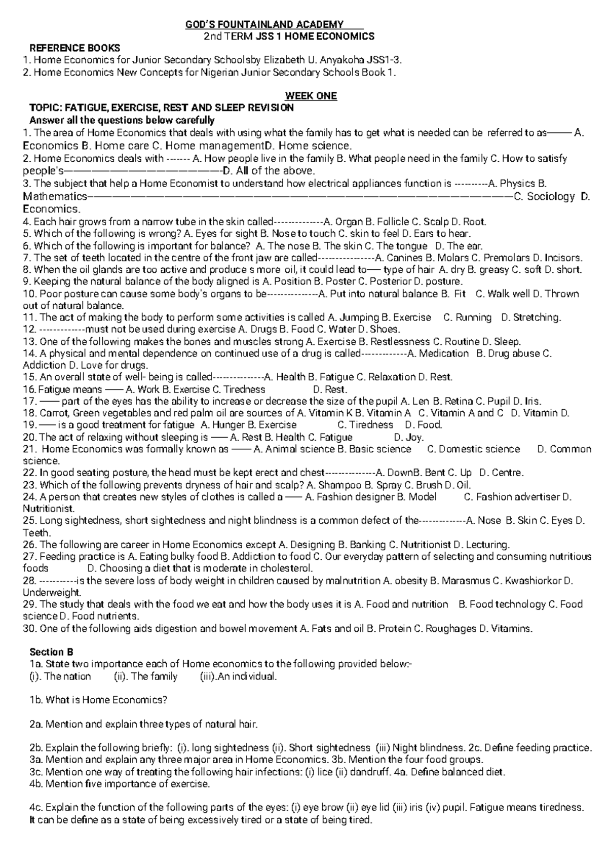 JSS1 2nd Term Home Economics Study Guide and Revision Notes - Studocu