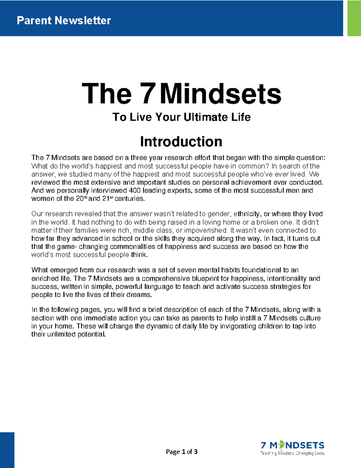 7 Mindsets Summary for Parents: Cultivating Success & Happiness - Studocu