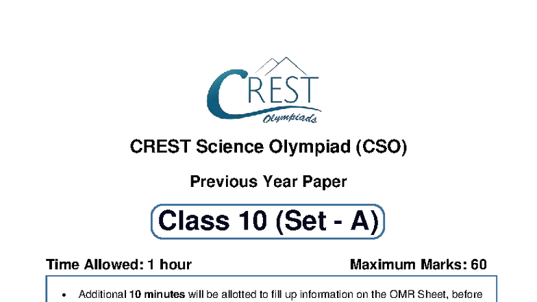 CREST Science Olympiad (CSO) Class 10 Previous Year Paper Set A - Studocu