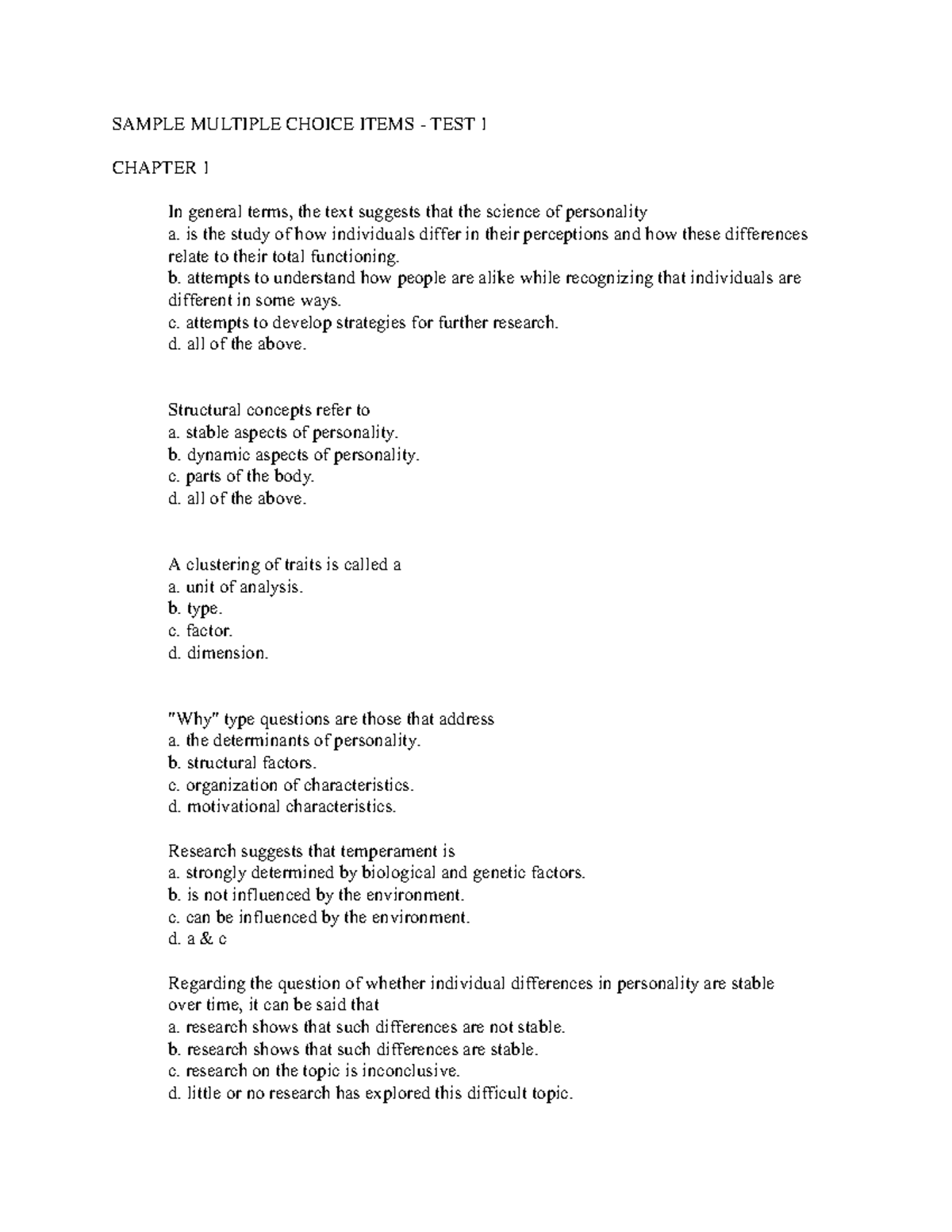 SAMPLE MCQ TEST 1: PERSONALITY SCIENCE CHAPTERS 1-3 - Studocu