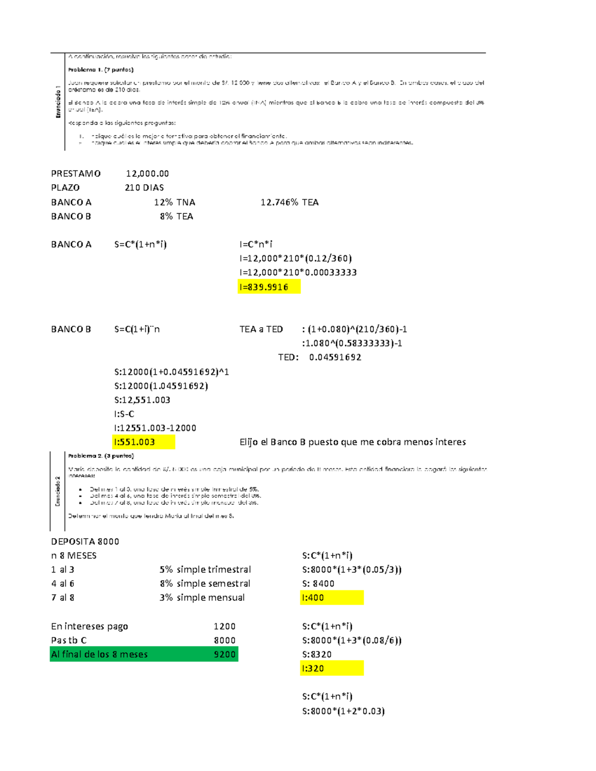 PA1 - nota - PRESTAMO 12,000. PLAZO 210 DIAS BANCO A 12% TNA 12% TEA ...