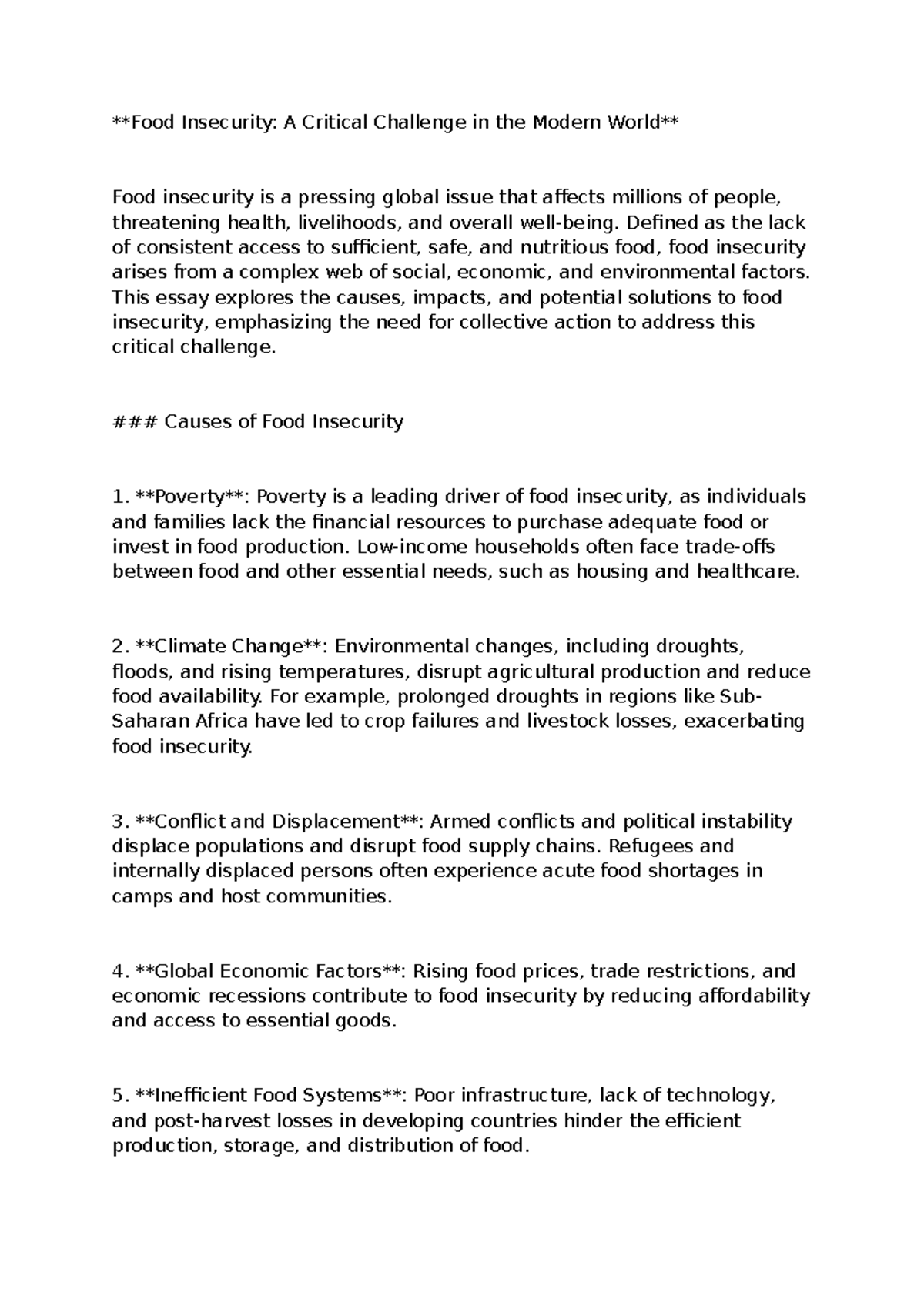 Food Insecurity: Causes, Impacts, and Solutions - Essay Notes - Studocu