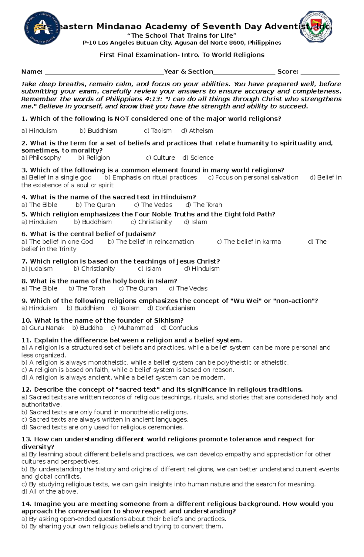 First Final Exam: Intro to World Religions (HUMSS) Study Guide - Studocu