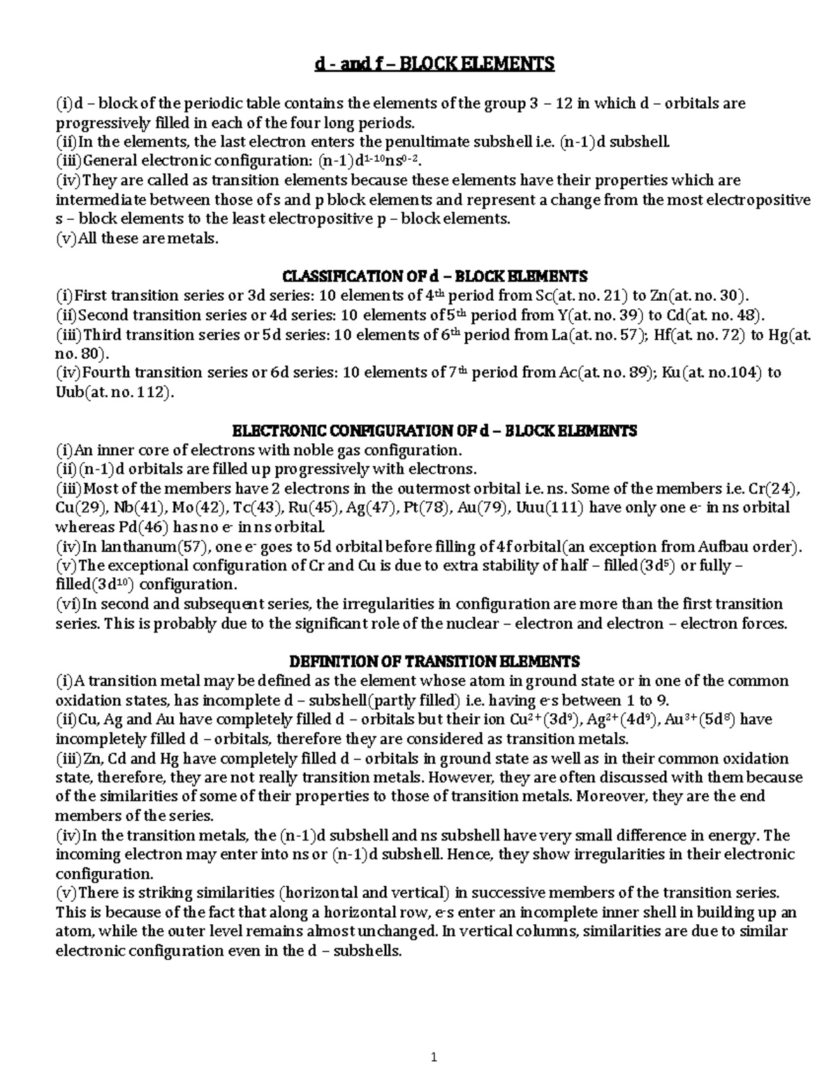 d and f Block Elements: Comprehensive Study Notes - Studocu