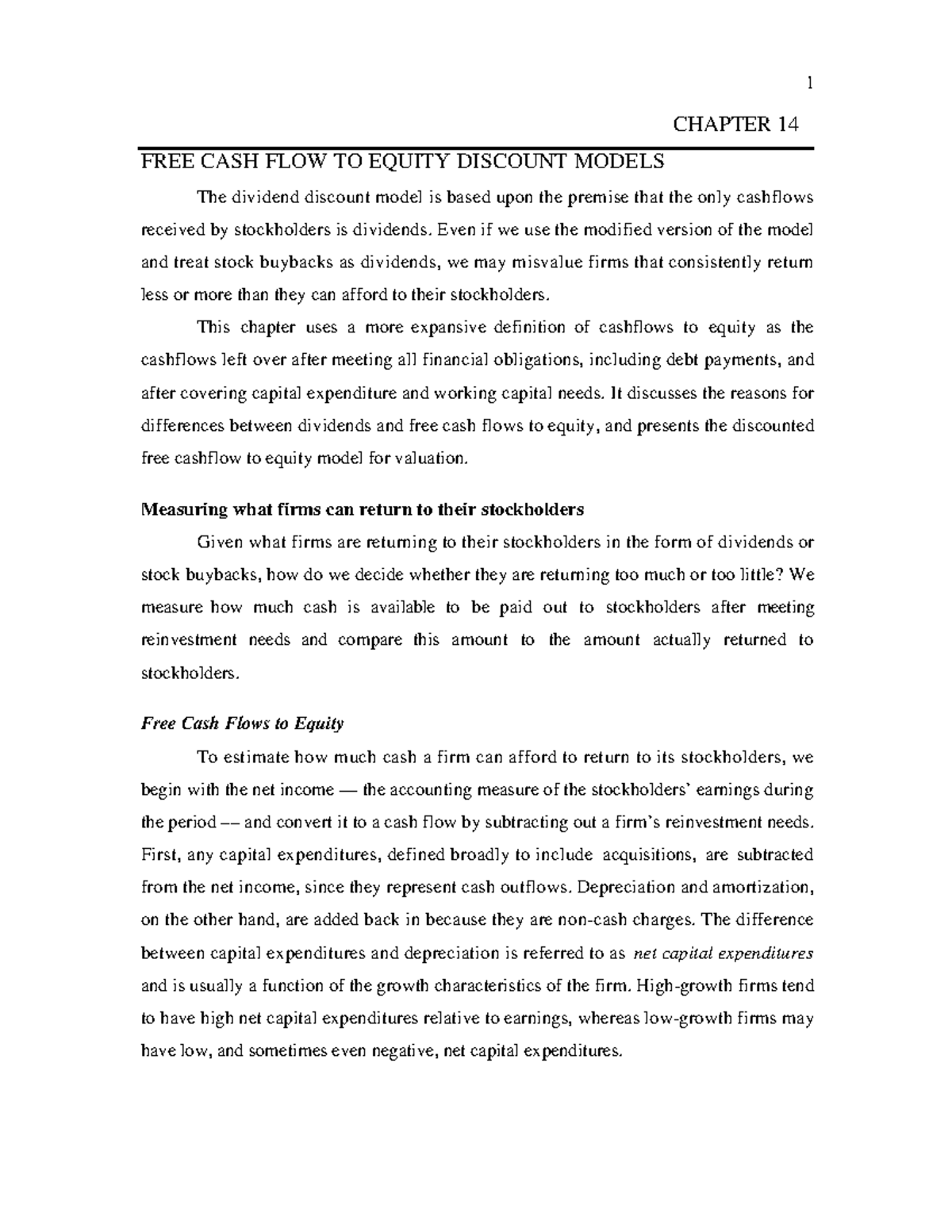 1 CHAPTER 14 FREE CASH FLOW TO EQUITY DISCOUNT MODELS - Studocu