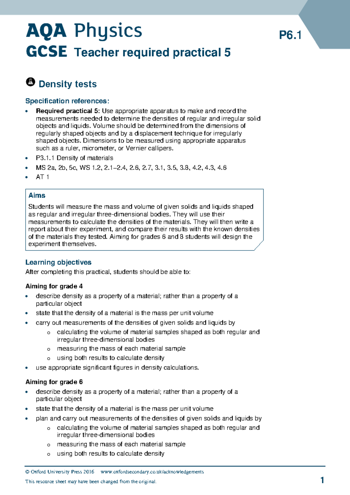 P6.1 Teacher Required Practical: Density Tests and Measurements - Studocu