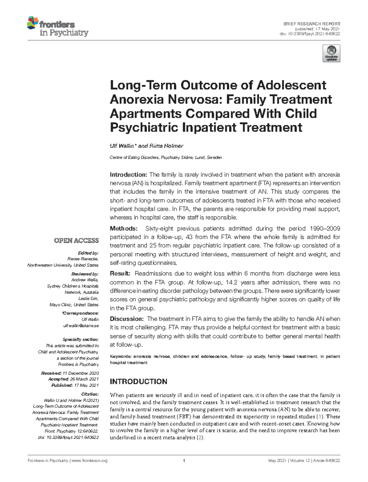 Outcome of Adolescent Anorexia Nervosa: FTA vs. Inpatient Care (Fpsyt ...