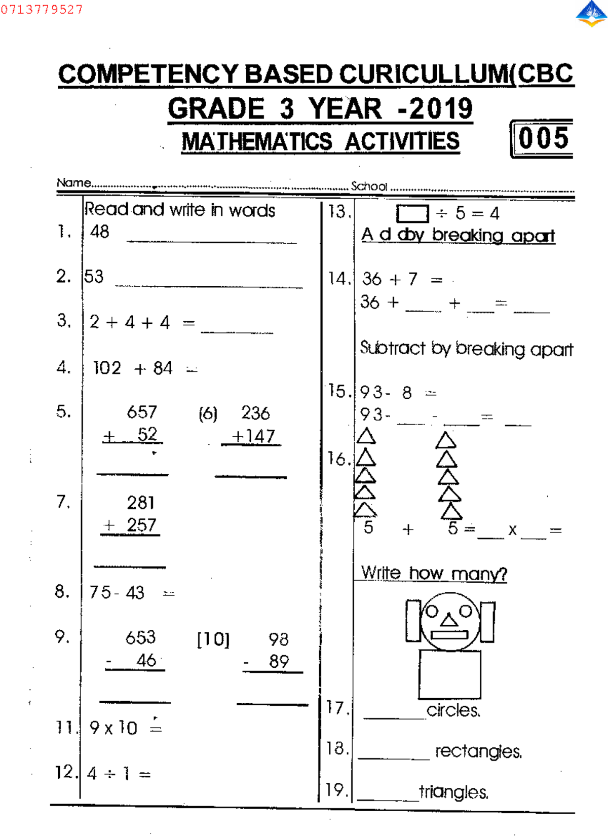 0713779527 Grade 3 Math Exam: Competency-Based Curriculum - Studocu