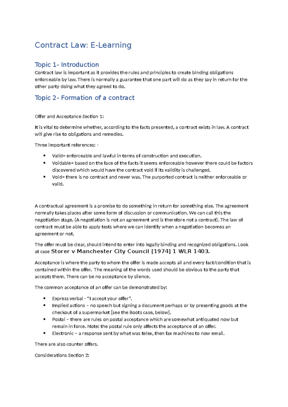 Contract Law E Learning Notes On Offer Acceptance Consideration