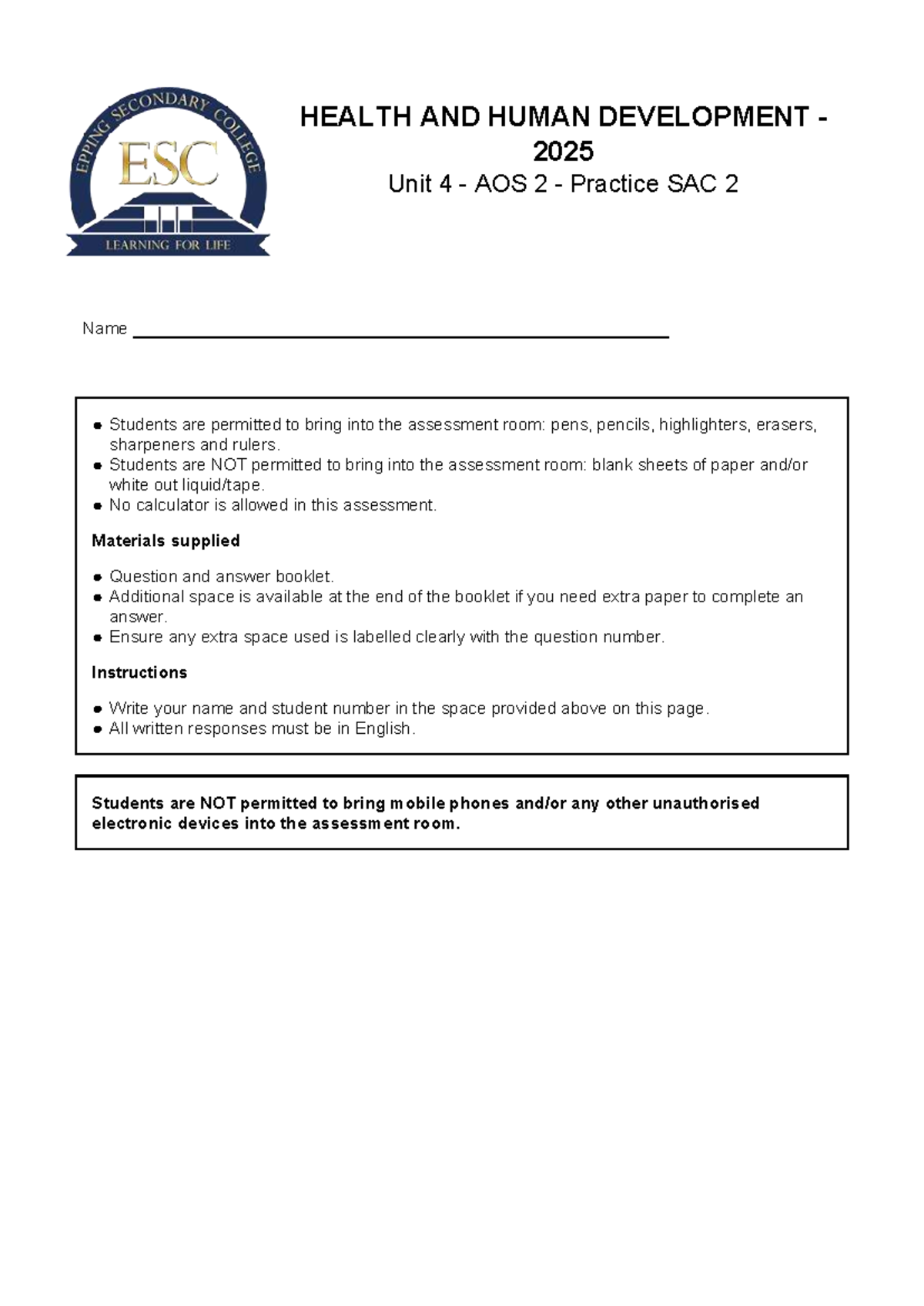 HEALTH AND HUMAN DEVELOPMENT 2025 Unit 4 AOS 2 Practice SAC 2 Guide ...