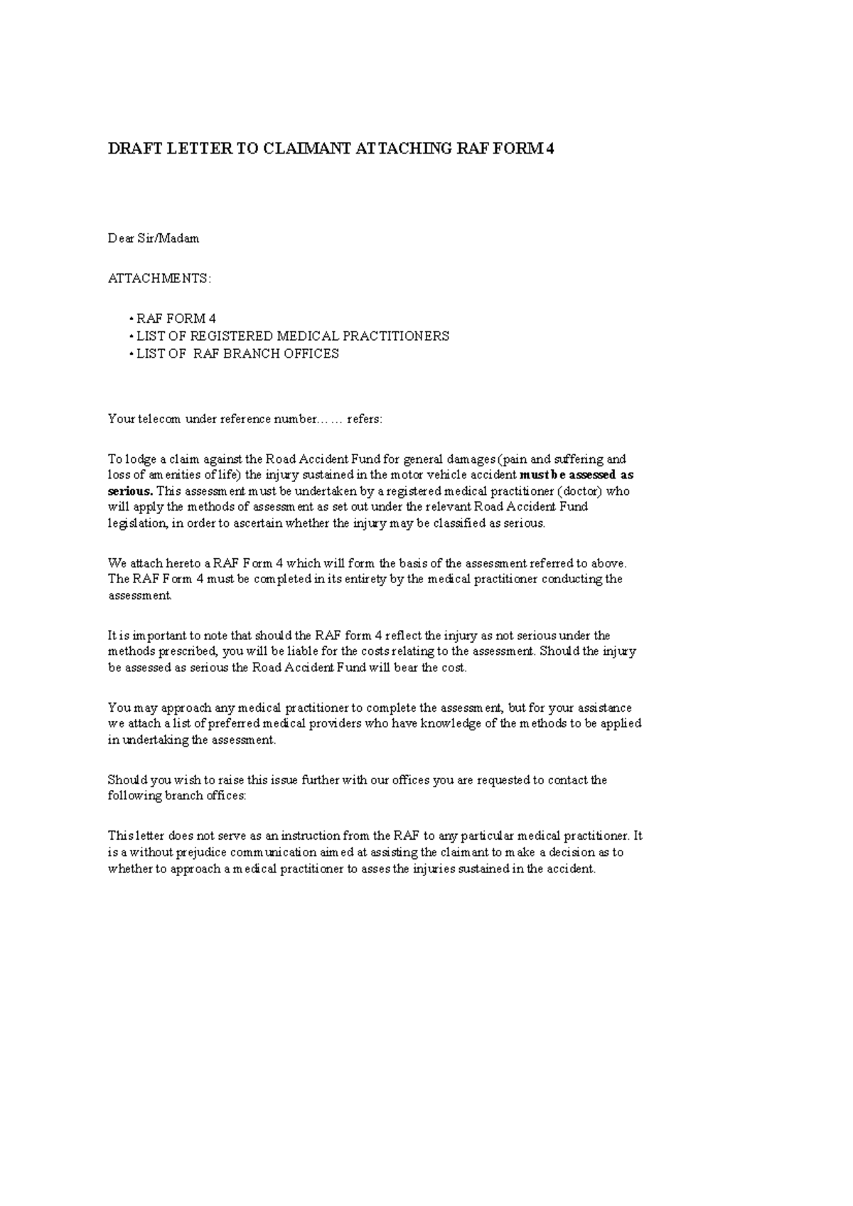 Draft Letter to Claimant with RAF Form 4 Attached - Studocu