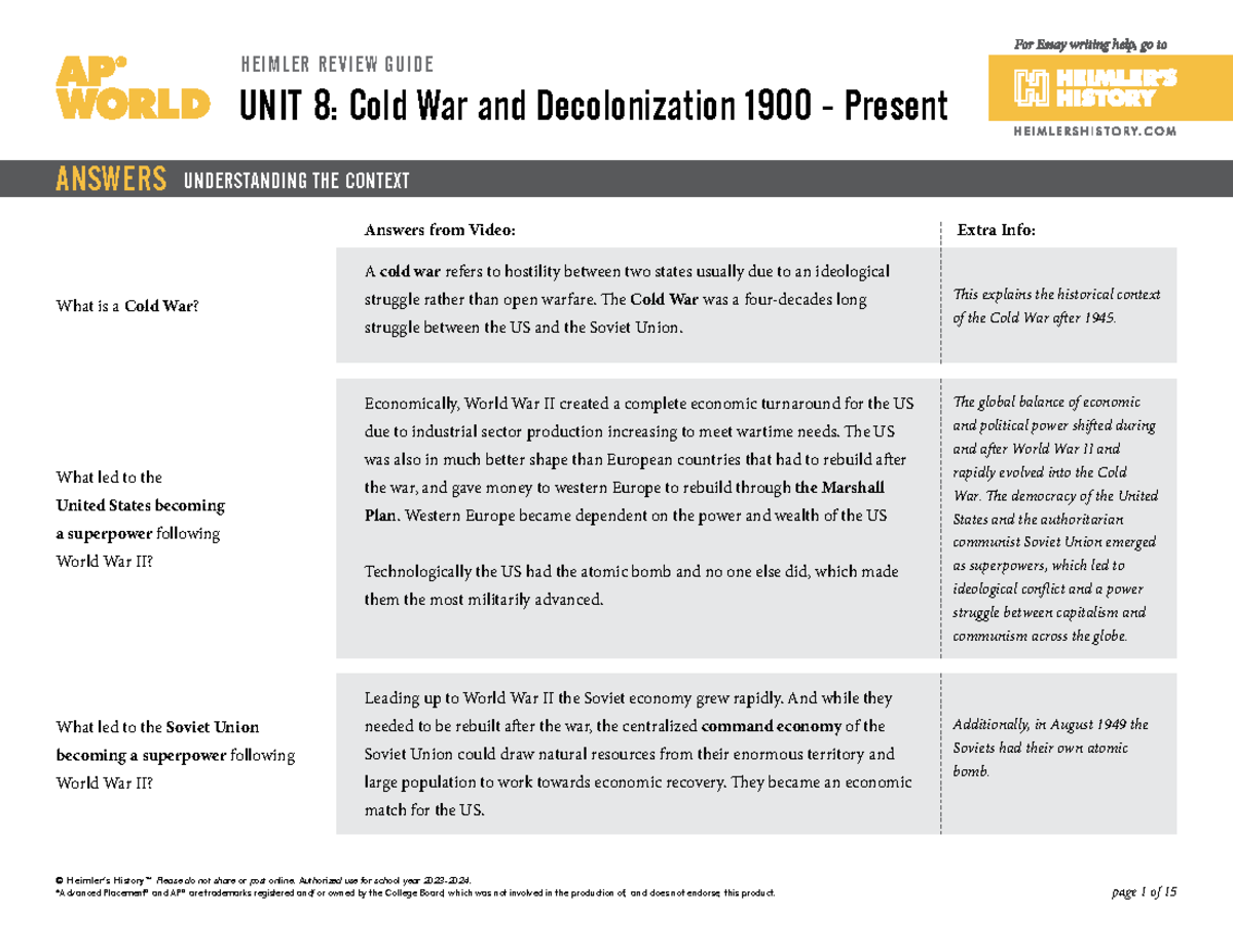AP World HRG Unit 8 Noteguide: Cold War & Decolonization Insights - Studocu
