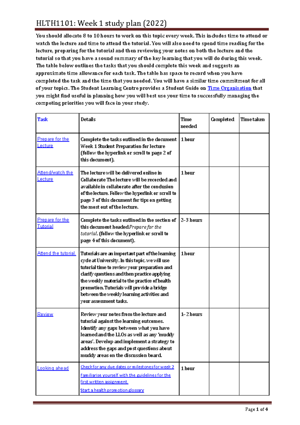 HLTH1101 Week 1 Study Plan: Time Management & Lecture Prep Guide - Studocu