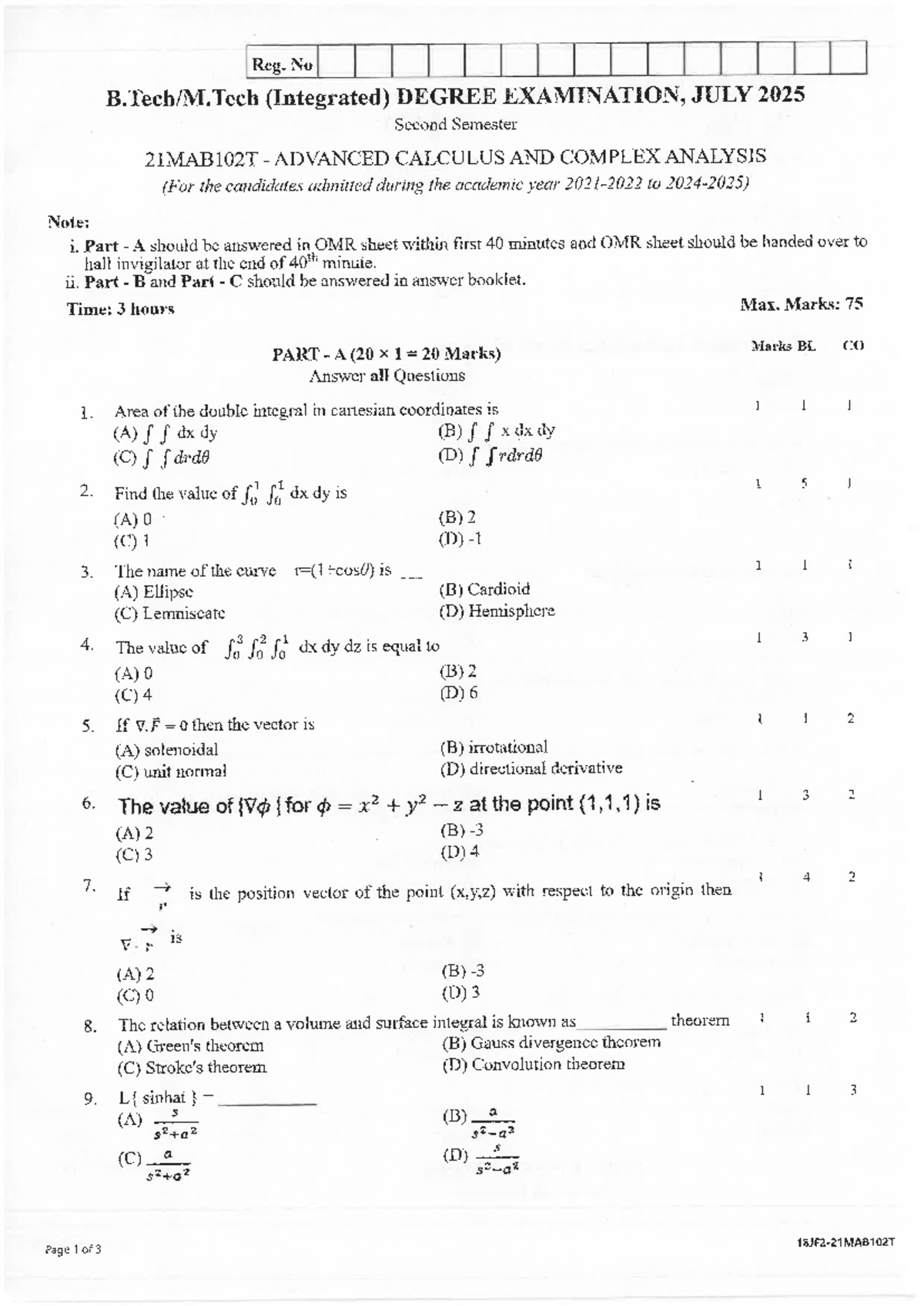 21MAB102T Advanced Calculus & Complex Analysis Exam Notes - Studocu