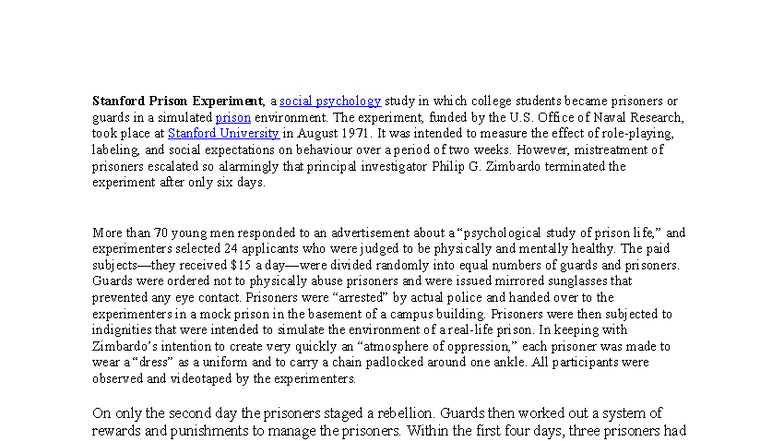 Stanford Prison Experiment: A Study of Authority and Behavior - Studocu