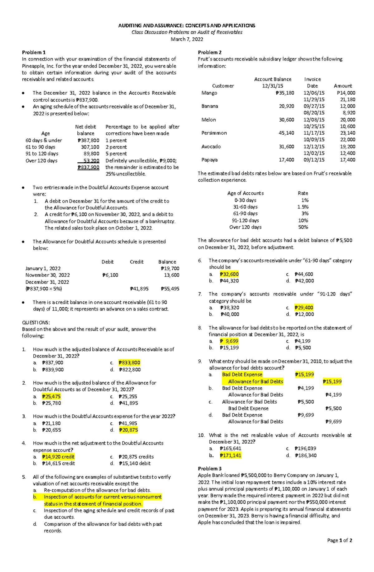 Audit of Receivables Practice Questions - ACC 101 Final Exam Review ...