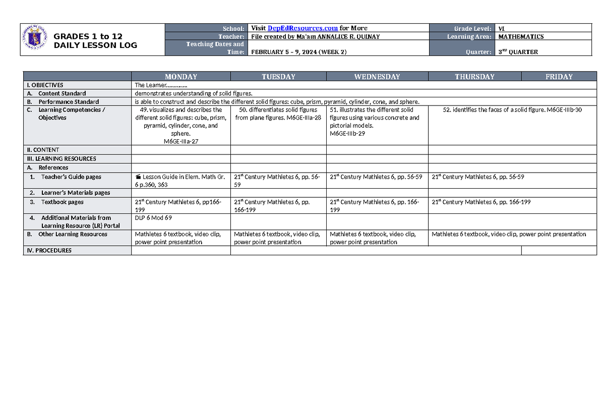 DLL Math Grade 6 Q3W2 - Solid Figures Learning Log - Studocu