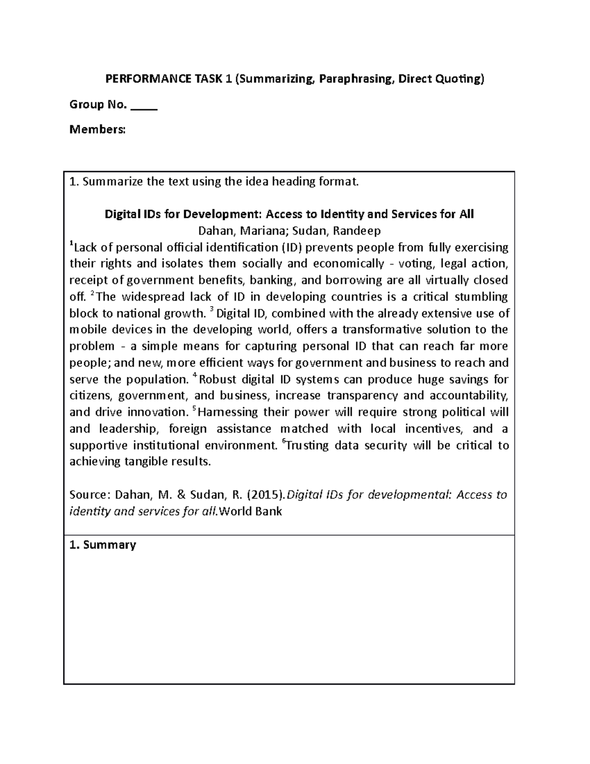 Performance TASK 1: Summarizing, Paraphrasing & Direct Quoting Guide ...