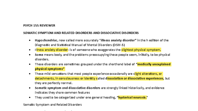PSYCH 155 FINAL REVIEWER: SOMATIC SYMPTOM & DISSOCIATIVE DISORDERS ...
