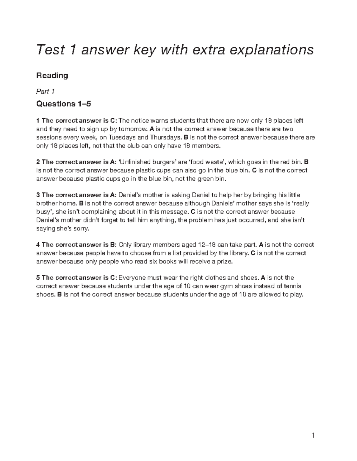 Test 1 Answer Key with Explanations - Reading Analysis - Studocu