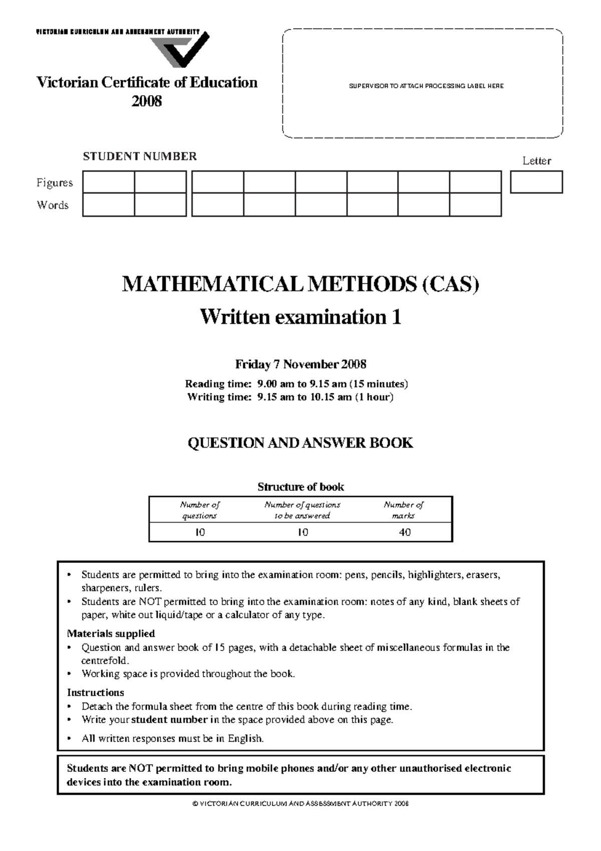 2008 VCAA Mathematical Methods (CAS) Exam 1 - Past Paper - Studocu