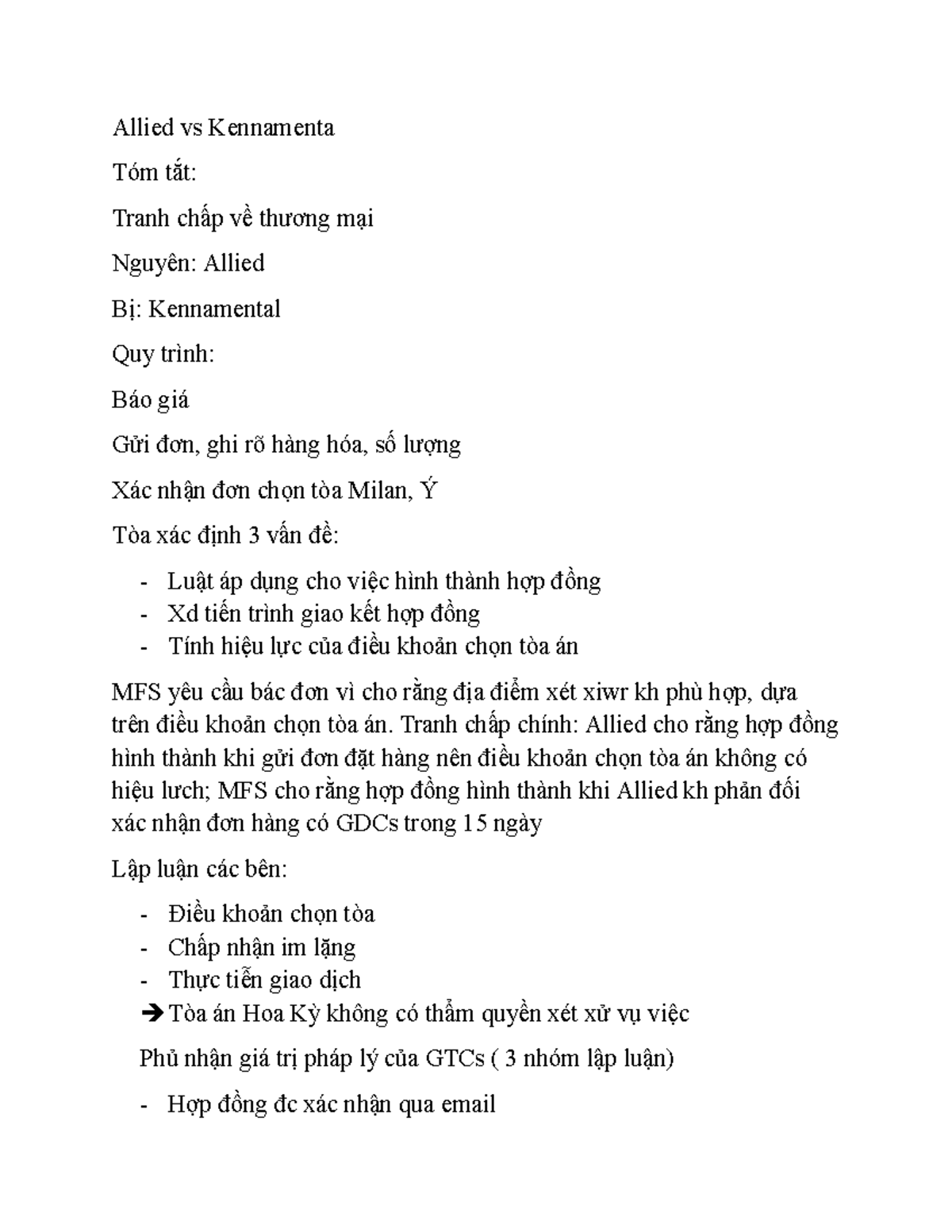 Allied vs Kennamenta: Tóm tắt Tranh chấp Thương mại - Studocu