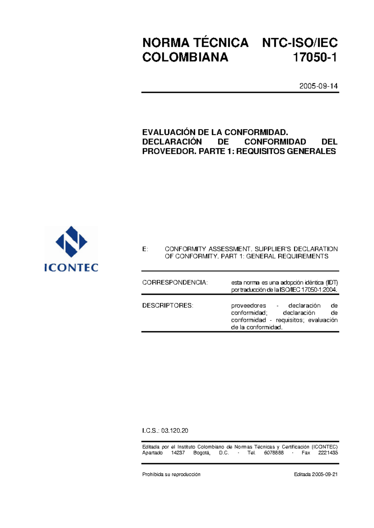NTC ISO/IEC 17050-1 - Declaración de Conformidad del Proveedor - Studocu