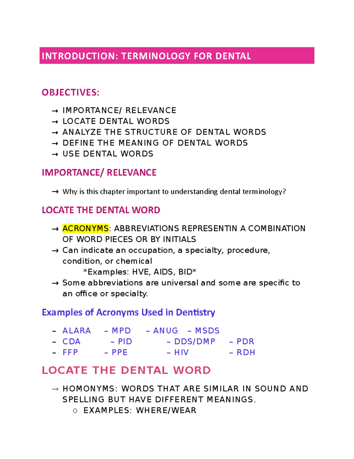 Introduction to Dental Terminology: Key Concepts and Acronyms - Studocu