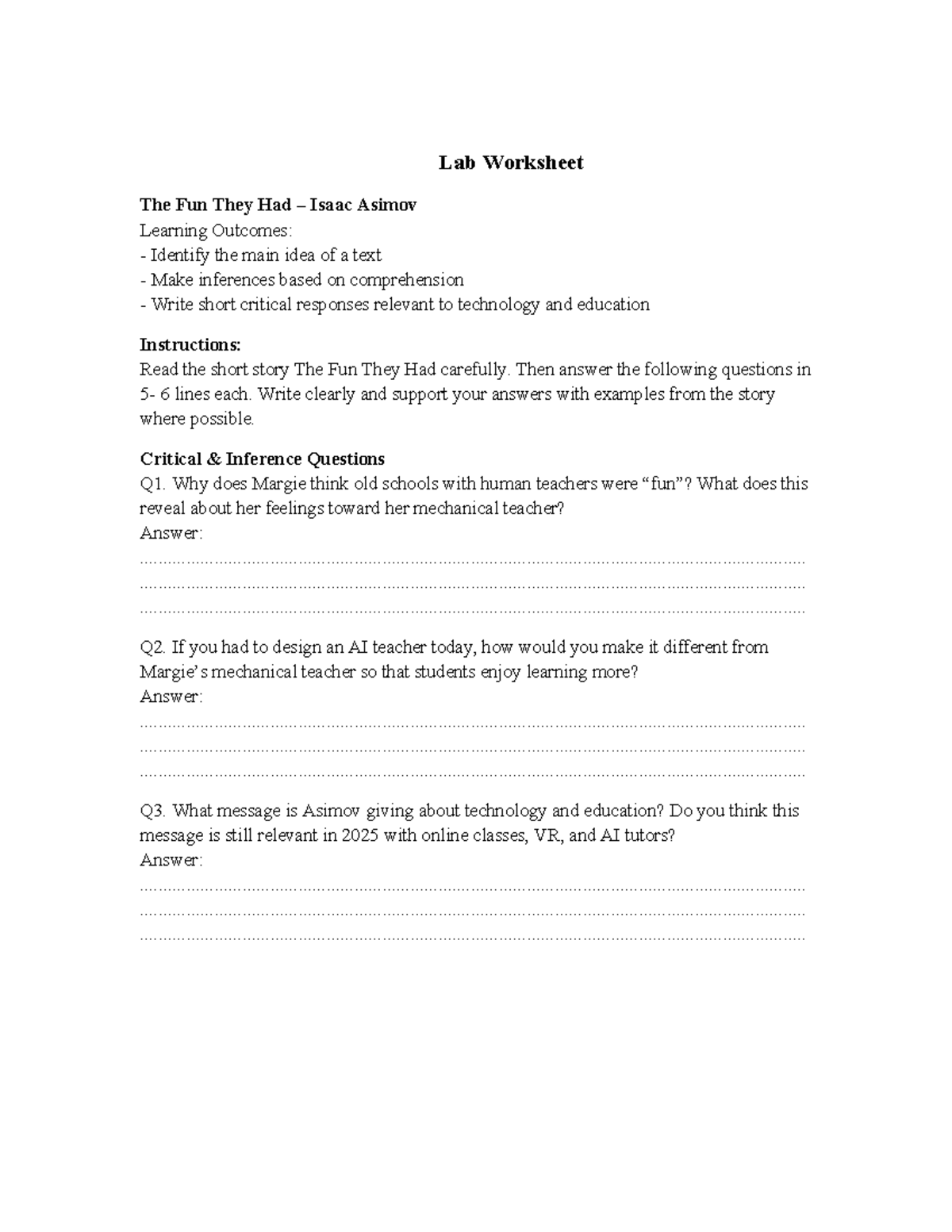 Lab Worksheet: The Fun They Had - Inference Activity (B) - Studocu