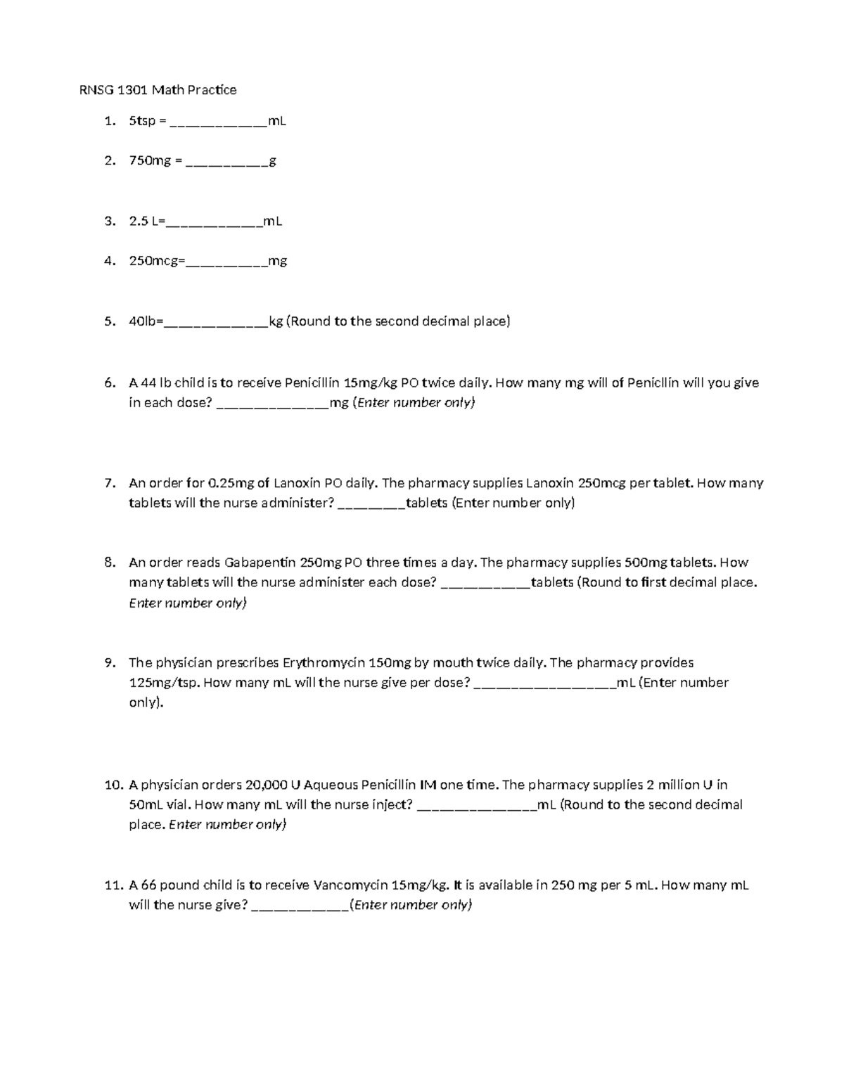 RNSG 1301 Medication Math Practice Exercises and Solutions - Studocu