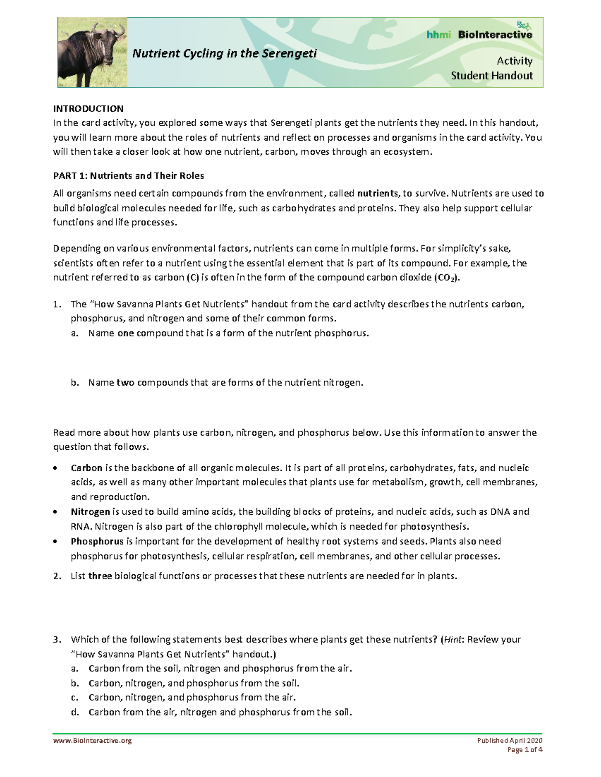 Nutrient Cycling-Student HO-reg-act 0 - BioInteractive Published April ...