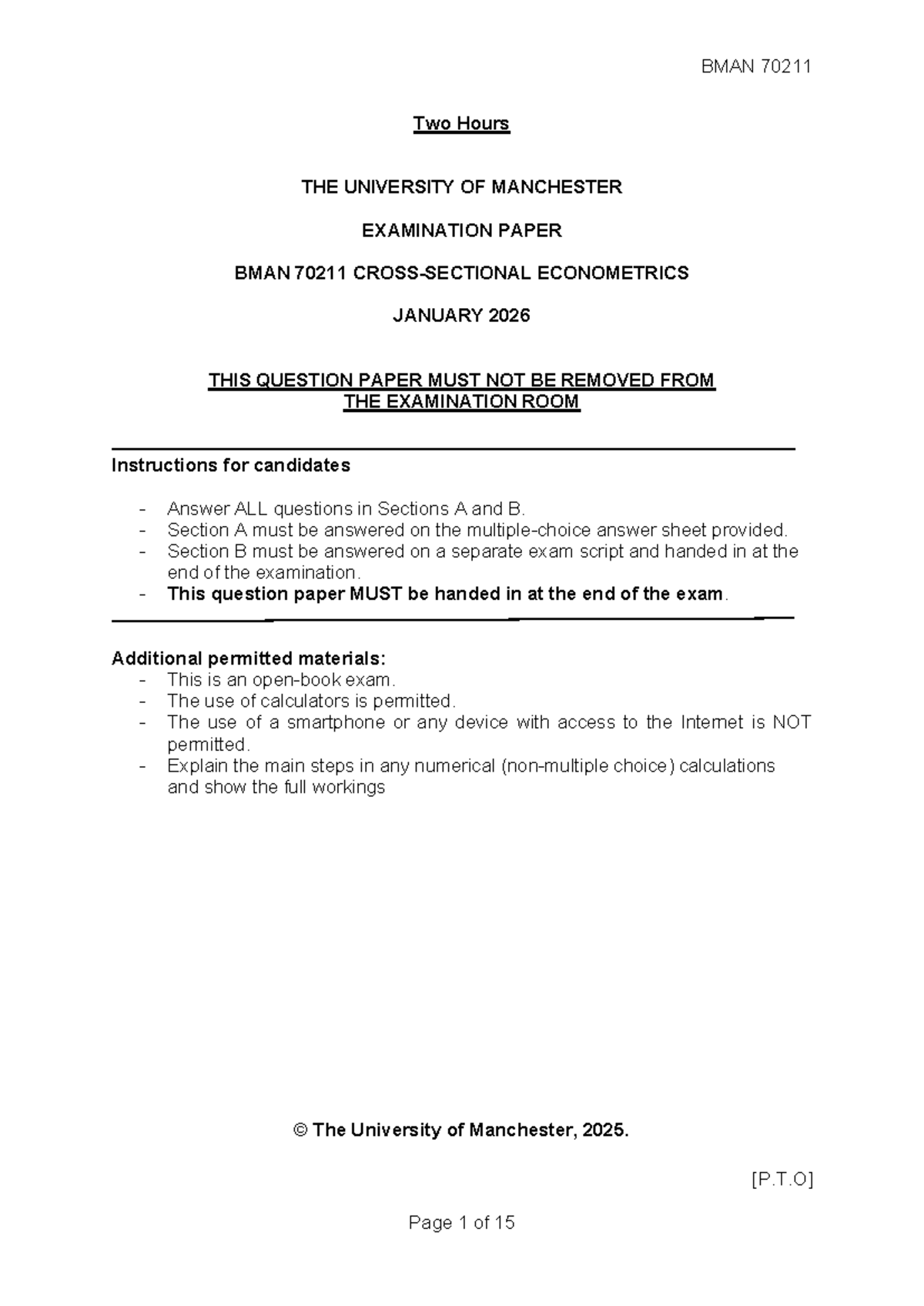 BMAN 70211 Econometrics Exam Paper January 2026 - Studocu