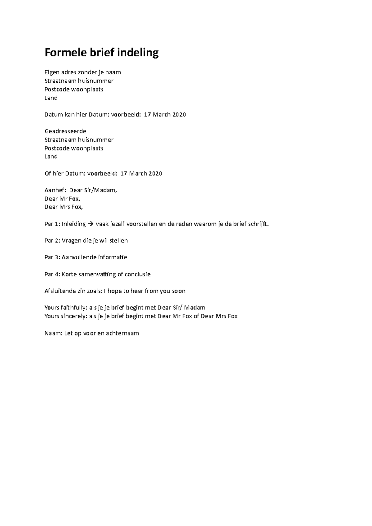 Formele Brief Indeling en Structuur voor Schrijven - Studeersnel