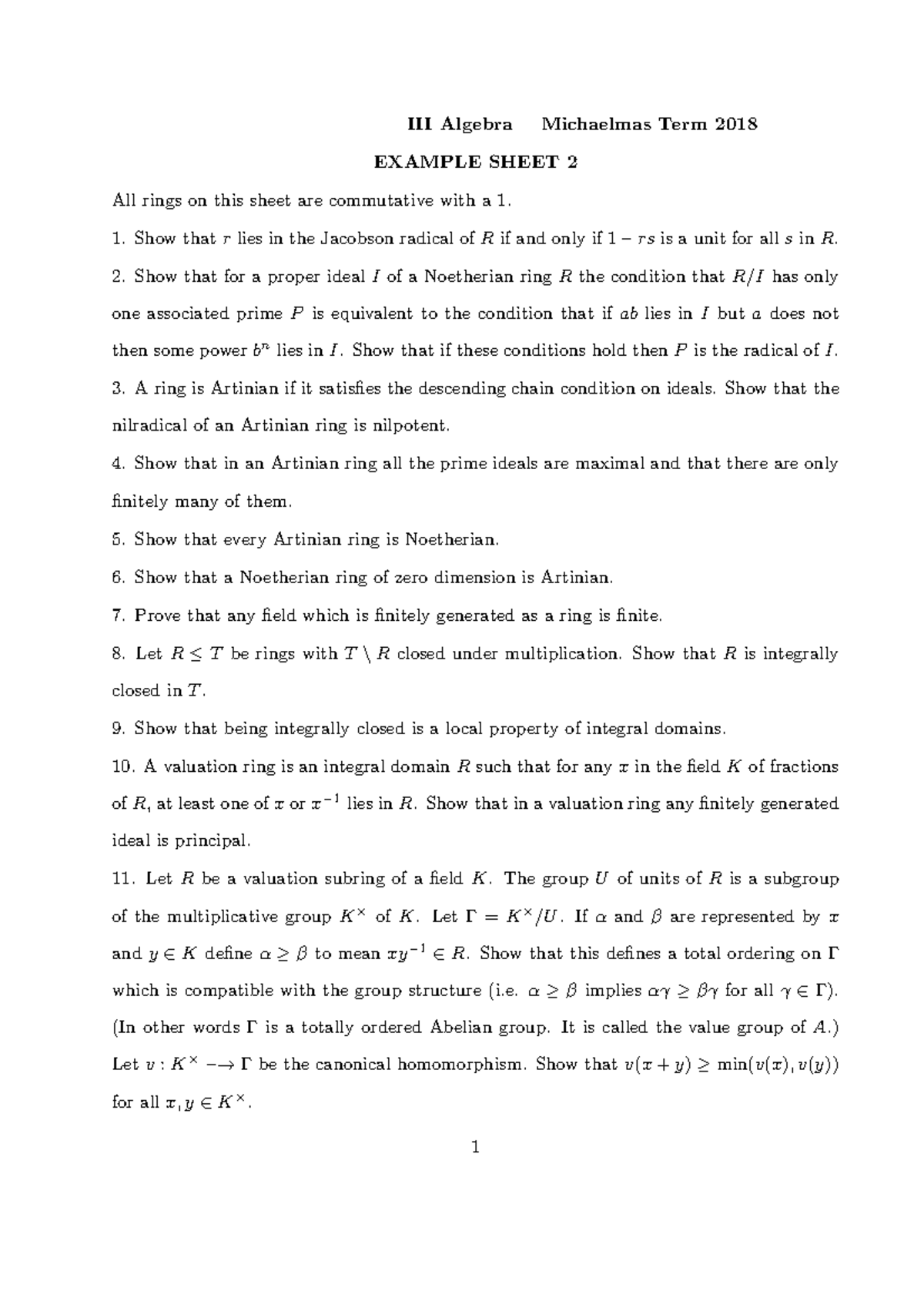 Algebra Michaelmas Term 2018 Example Sheet 2: Commutative Rings and ...