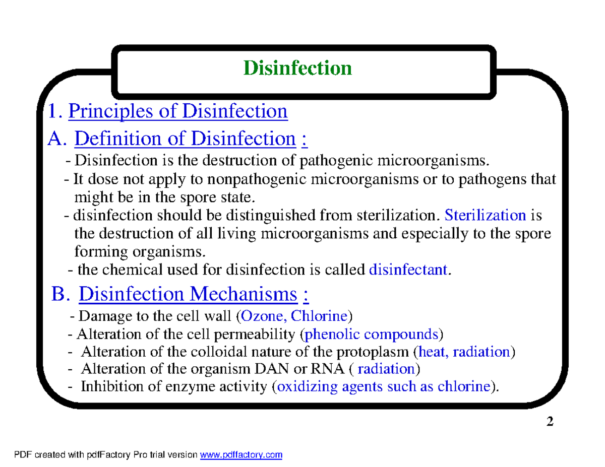 Water Treatment Lecture Disinfection - 2 Disinfection 1. Principles of ...