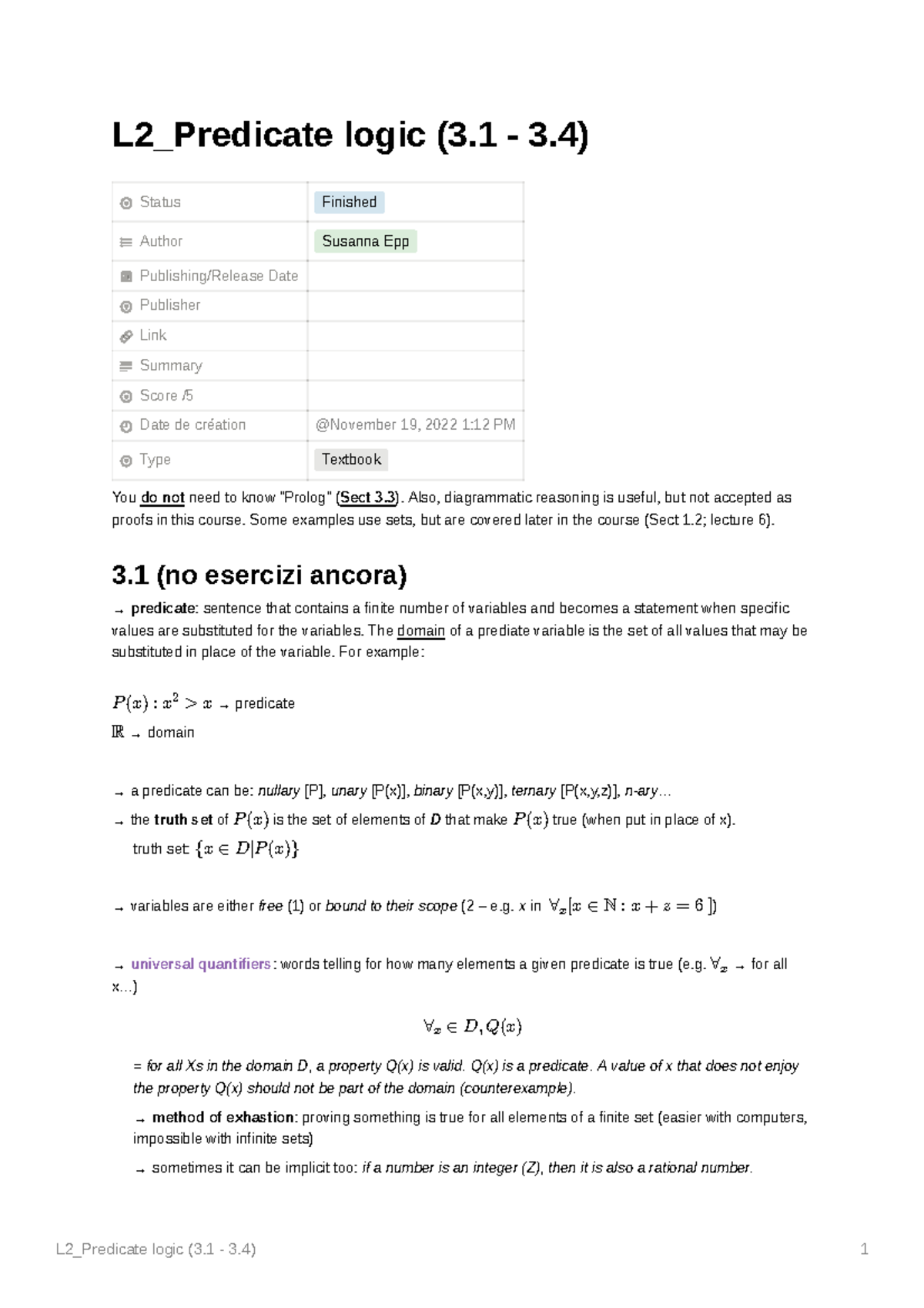 Discrete Math (CS101) - Predicate Logic Lecture Notes by Susanna Epp ...