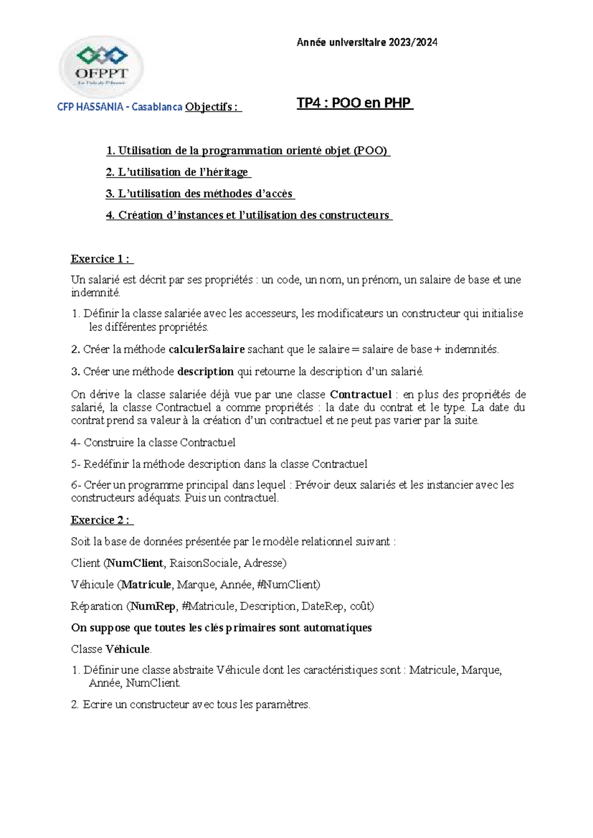 TP4 - POO en PHP: Concepts et Exercices sur les Classes et Objets - Studocu